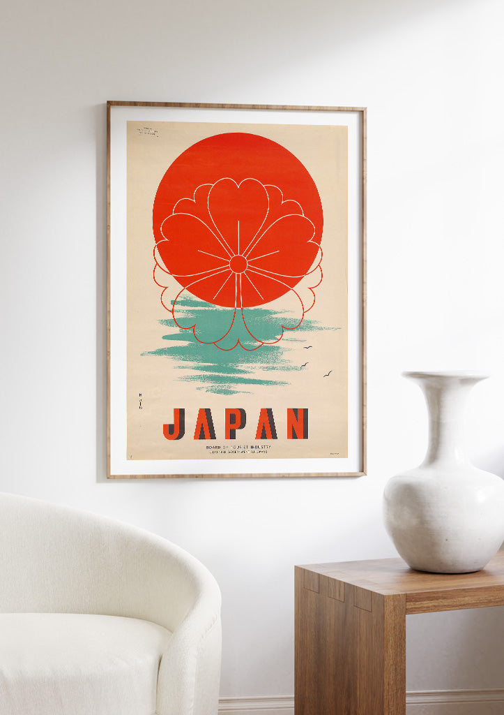 Vintage Japan Travel Poster | Red Sun, Flower and Sea – Posterist